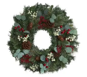 NEARLY NATURAL 24' Eucalyptus,pine Wreath W/ber Ries,pine Cone - One-color