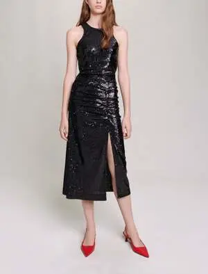 Maje Sequined Midi Skirt With Front Slit - Black