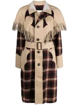 MAISON MARGIELA Check-pattern Fringed Wool Coat - Red