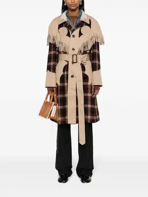 MAISON MARGIELA Check-pattern Fringed Wool Coat - Red