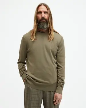 ALLSAINTS AllSaints Mode Merino Wool Crew Neck Ramskull Sweater Avo Green