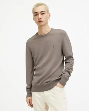 ALLSAINTS AllSaints Mode Merino Wool Crew Neck Ramskull Sweater Chestnut Taupe