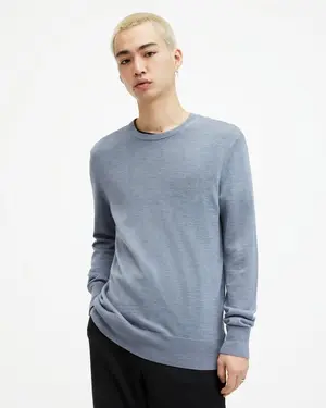 ALLSAINTS AllSaints Mode Merino Wool Crew Neck Ramskull Sweater Dusty Blue