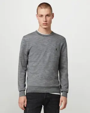 ALLSAINTS AllSaints Mode Merino Wool Crew Neck Ramskull Sweater Grey Marl