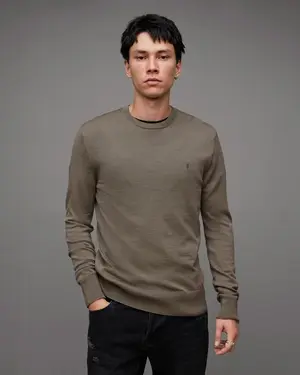 ALLSAINTS AllSaints Mode Merino Wool Crew Neck Ramskull Sweater Pewter Green