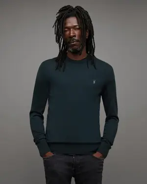 ALLSAINTS AllSaints Mode Merino Wool Crew Neck Ramskull Sweater Racing Green