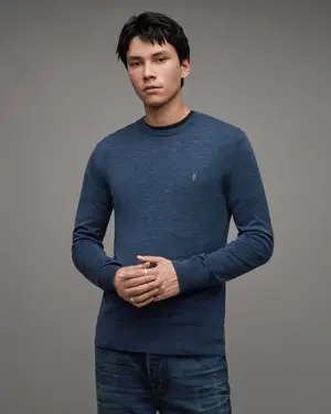 ALLSAINTS AllSaints Mode Merino Wool Crew Neck Ramskull Sweater Solar Blue Marl