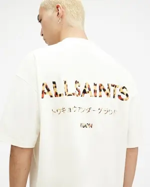 ALLSAINTS Underground Oversized Crew T-shirt White/leopard