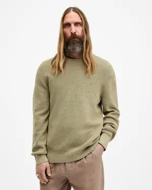 ALLSAINTS AllSaints Aspen Waffle Crew Neck Ramskull Sweater Herb Green