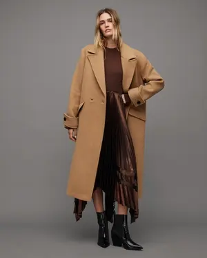 ALLSAINTS Mabel Double Breasted Long Line Coat Camel