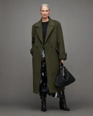 ALLSAINTS Mabel Double Breasted Long Line Coat Khaki Green