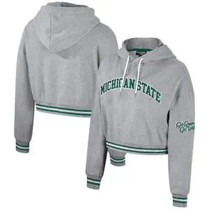 THE WILD COLLECTIVE Michigan State Spartans Cropped Shimmer Pullover Hoodie - Heather Gray