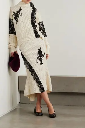Erdem Lace-trimmed Embellished Cable-knit Wool-blend Sweater