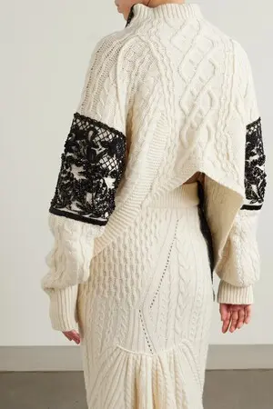 Erdem Lace-trimmed Embellished Cable-knit Wool-blend Sweater