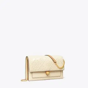 Tory Burch T Monogram Patent Embossed Chain Wallet - Light Cream