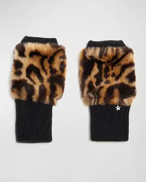 Jocelyn Leopard Print Faux Fur Fingerless Gloves - Brown Multi