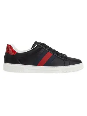 Gucci Men's Ace Leather Web Low-Top Sneakers - Green Multi  Black Hibiscus Red