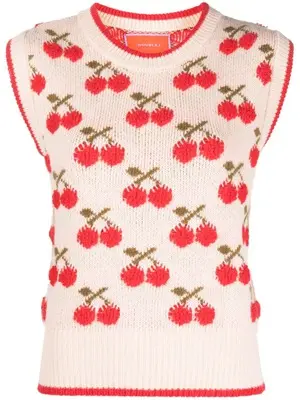 La DoubleJ Cherry Intarsia-knit Vest - White