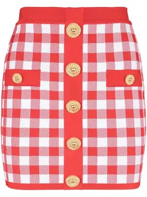 Balmain Gingham Fine-knit Miniskirt - Red
