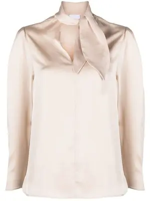 MERCI Light Beige Satin Attached Scarf Blouse