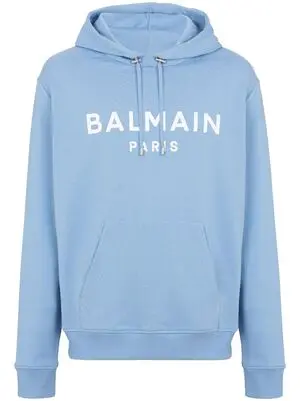 Balmain Logo-print Organic Cotton Hoodie - Blue