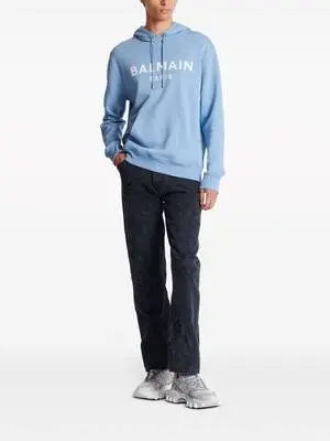 Balmain Logo-print Organic Cotton Hoodie - Blue
