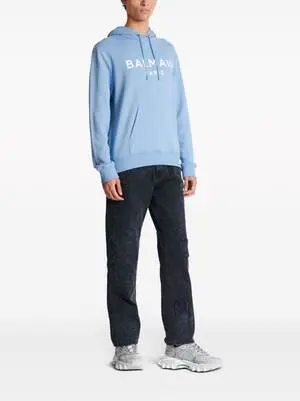 Balmain Logo-print Organic Cotton Hoodie - Blue