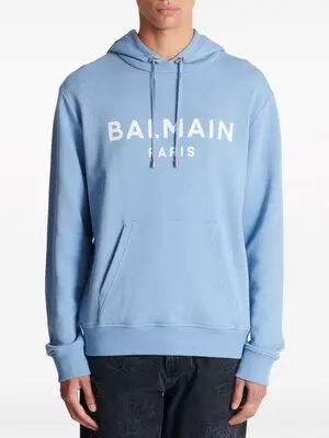 Balmain Logo-print Organic Cotton Hoodie - Blue