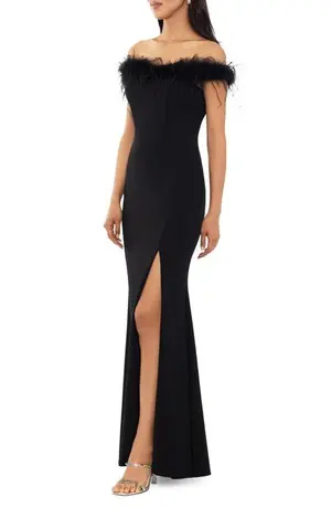 XSCAPE EVENINGS Feather Trim Off-the-shoulder Scuba Gown