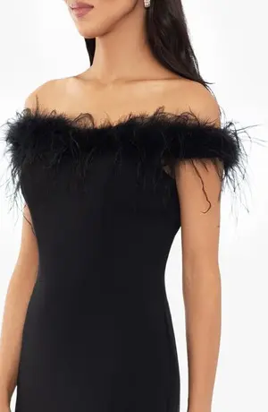 XSCAPE EVENINGS Feather Trim Off-the-shoulder Scuba Gown