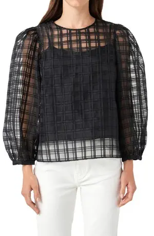 English Factory Plaid Organza Long-sleeve Top