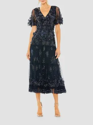 Mac Duggal Floral Embellished Tiered Midi-dress - Midnight