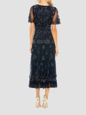 Mac Duggal Floral Embellished Tiered Midi-dress - Midnight