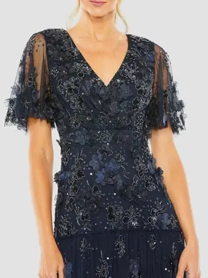 Mac Duggal Floral Embellished Tiered Midi-dress - Midnight