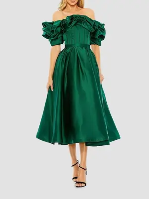 Mac Duggal Satin Off-the-shoulder Midi-dress - Emerald