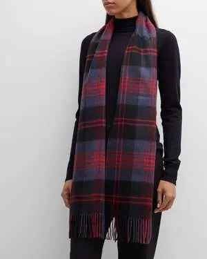 Johnstons Of Elgin Blue Tartan Wide Cashmere Scarf - Angus
