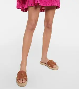 Valentino Garavani Roman Stud Leather And Raffia Slides