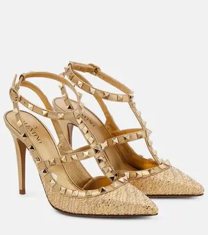 Valentino Garavani Valentino Garavani Rockstud Raffia And Leather Pumps Gold