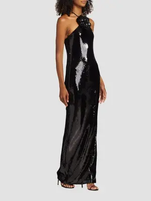RODARTE Flower Sequined Halter Body-con Gown - Black