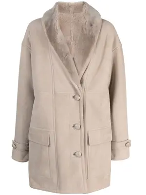 LISKA Shearling-collar Single-breasted Coat