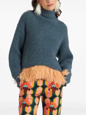 La DoubleJ High-neck Feather-trim Jumper