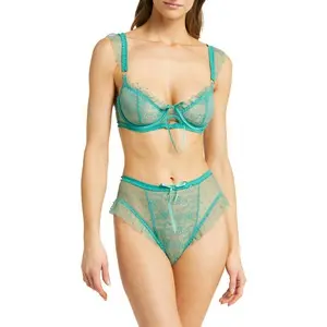 HAUTY Ruffle Dotted Mesh & Lace Underwire Bra & Panties Set - Green