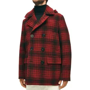 Brooks Brothers Out Buffalo Check Hooded Wool Peacoat