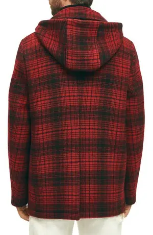 Brooks Brothers Out Buffalo Check Hooded Wool Peacoat