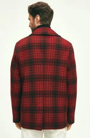 Brooks Brothers Out Buffalo Check Hooded Wool Peacoat