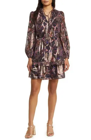 Vince Camuto Metallic Long Sleeve Chiffon Dress