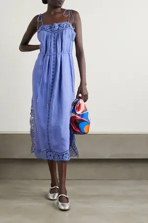 Zimmermann Net Sustain August Belted Broderie Anglaise-trimmed Linen Midi Dress