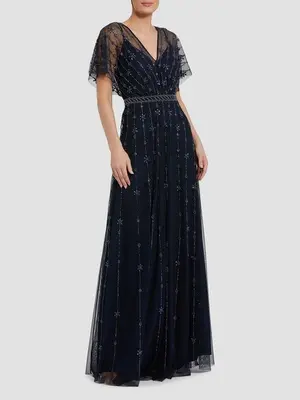 Mac Duggal Crystal-embellished Flutter-sleeve A-line Gown - Midnight