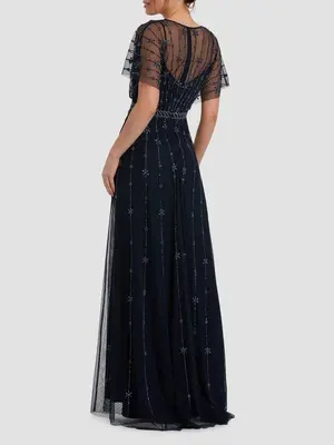 Mac Duggal Crystal-embellished Flutter-sleeve A-line Gown - Midnight