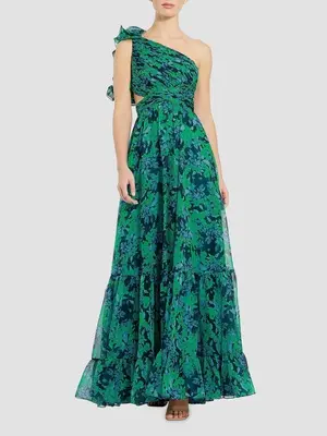 Mac Duggal Floral One-shoulder Cut-out Gown - Black Multi